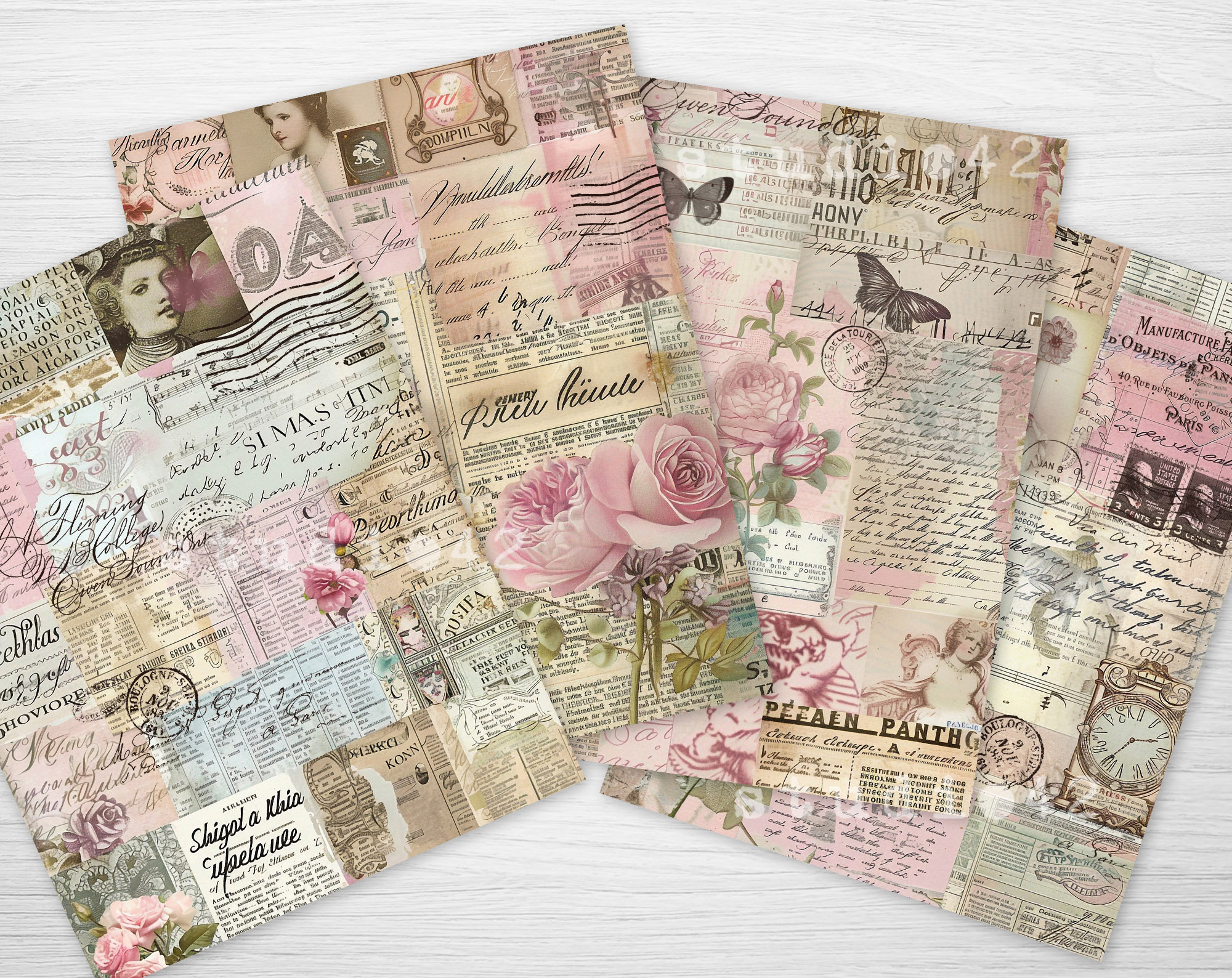 Printable Tattered Antique Ledger Papers, Pink Junk Journal Pages ...
