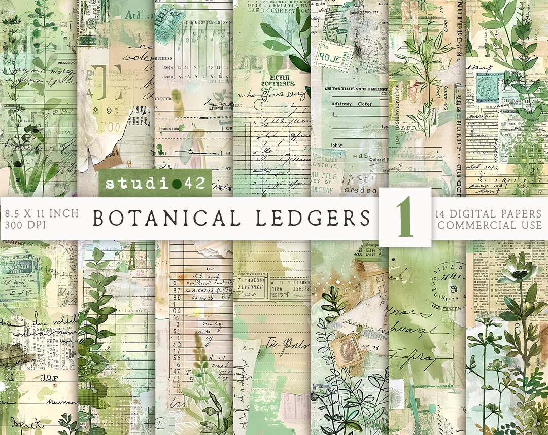 Printable Botanical Ledger Papers, Digital Ledger Paper, Digital ...