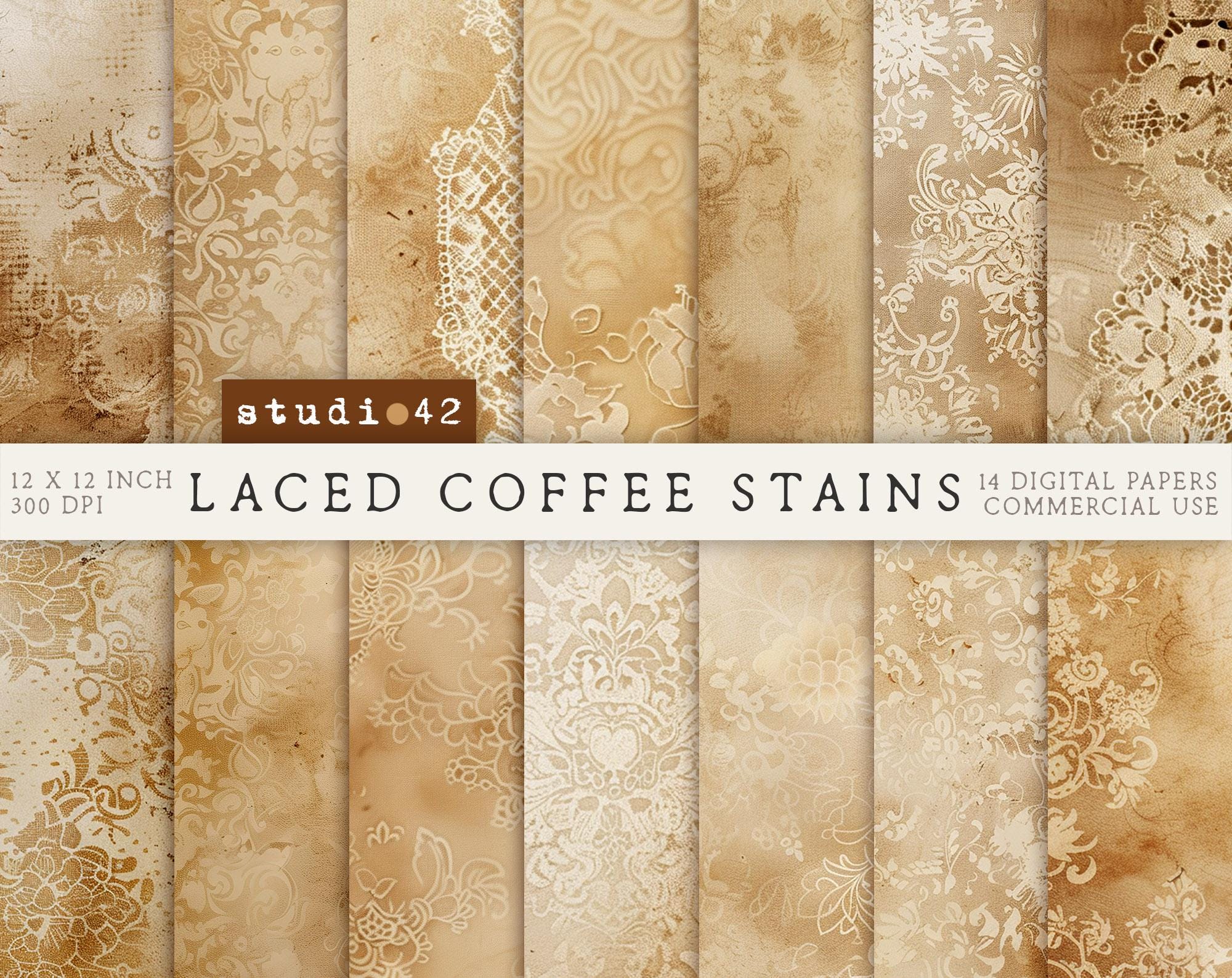 Lace Coffee Stained Digital Paper, Soft Tea Coffee Dyed Digital ...