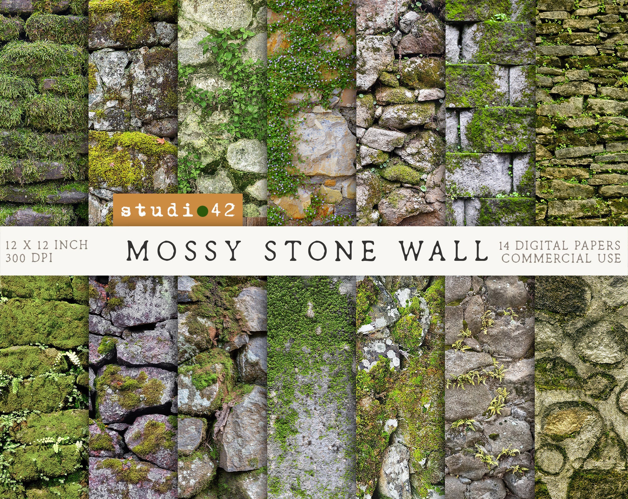 Mossy Stone Wall Background Digital Papers, Mossy Stones Texture Paper ...