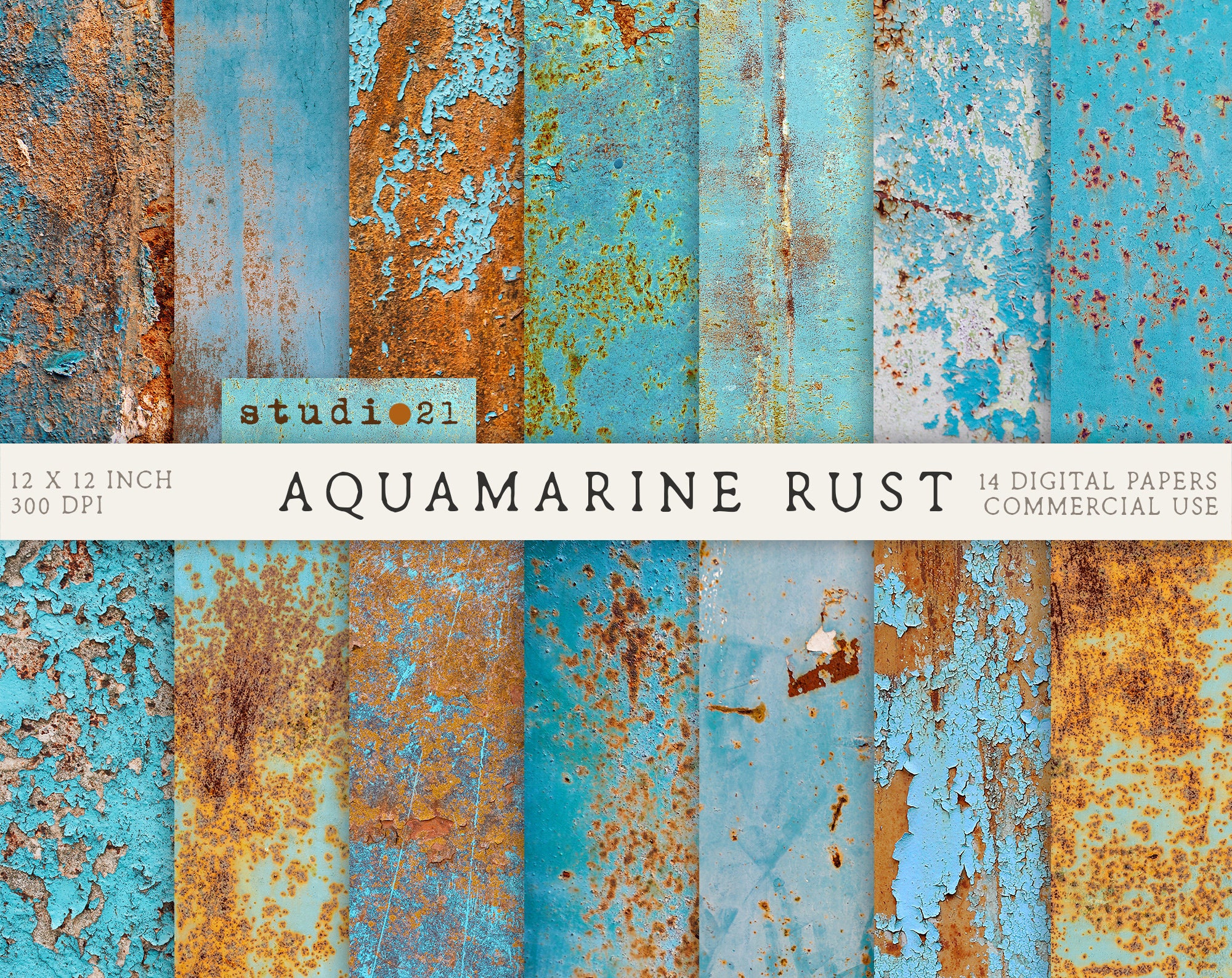 Aquamarine Rust Digital Paper, Rust Digital Background, Rust Printable ...