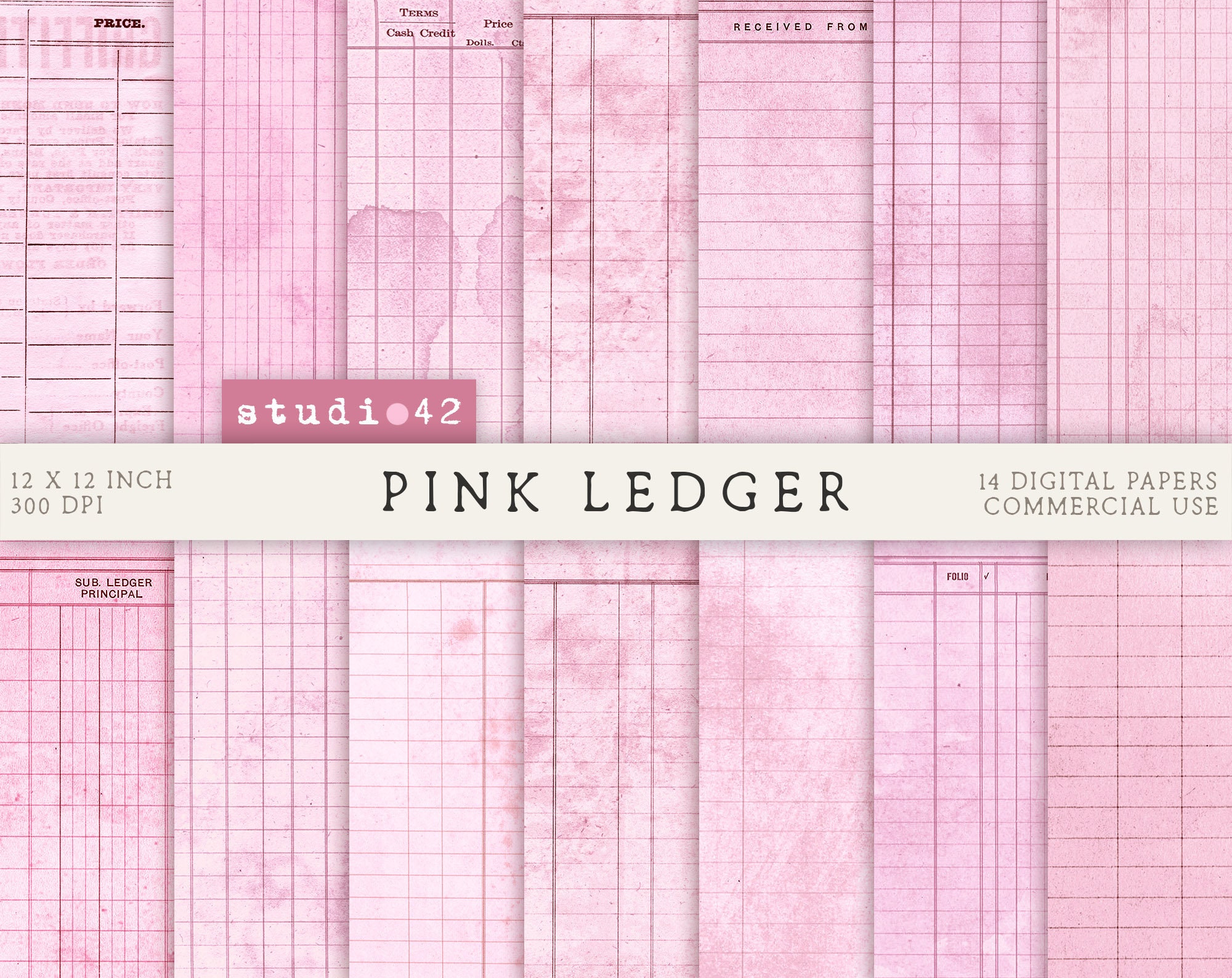 Printable Pink Ledger Paper, Ledger Book, Digital Ledger Paper, Digital ...