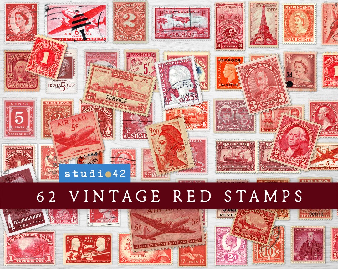 Digital Postage Stamps, Antique Red Postage Stamps, Printable Old ...