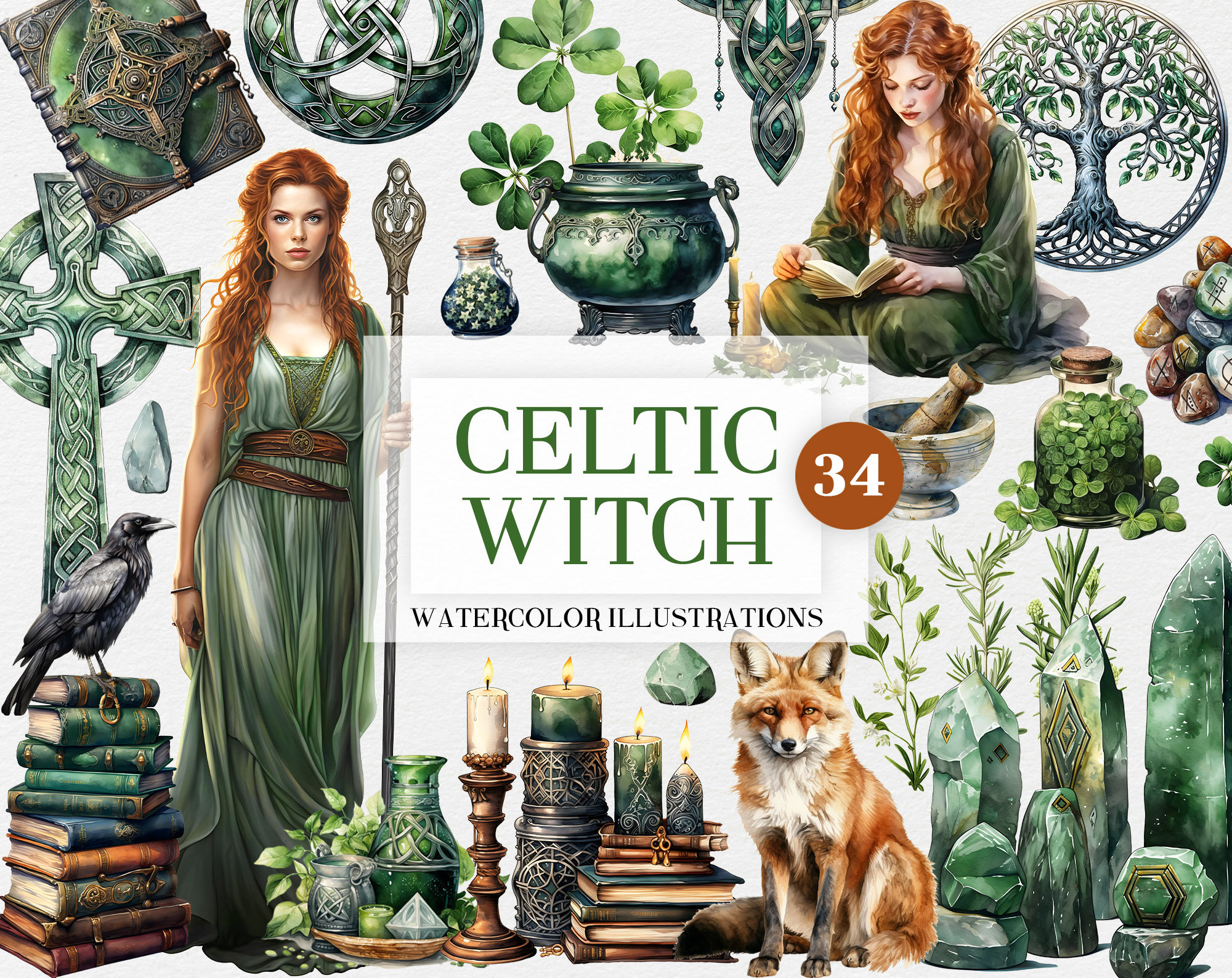 Celtic Witch Watercolor Clipart, Mystical Illustrations of Celtic ...