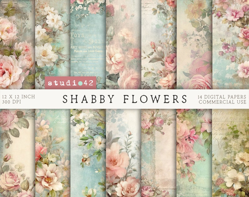 Shabby Chic Floral Digital Papers, Shabby Chic Flowers Paper Pack ...