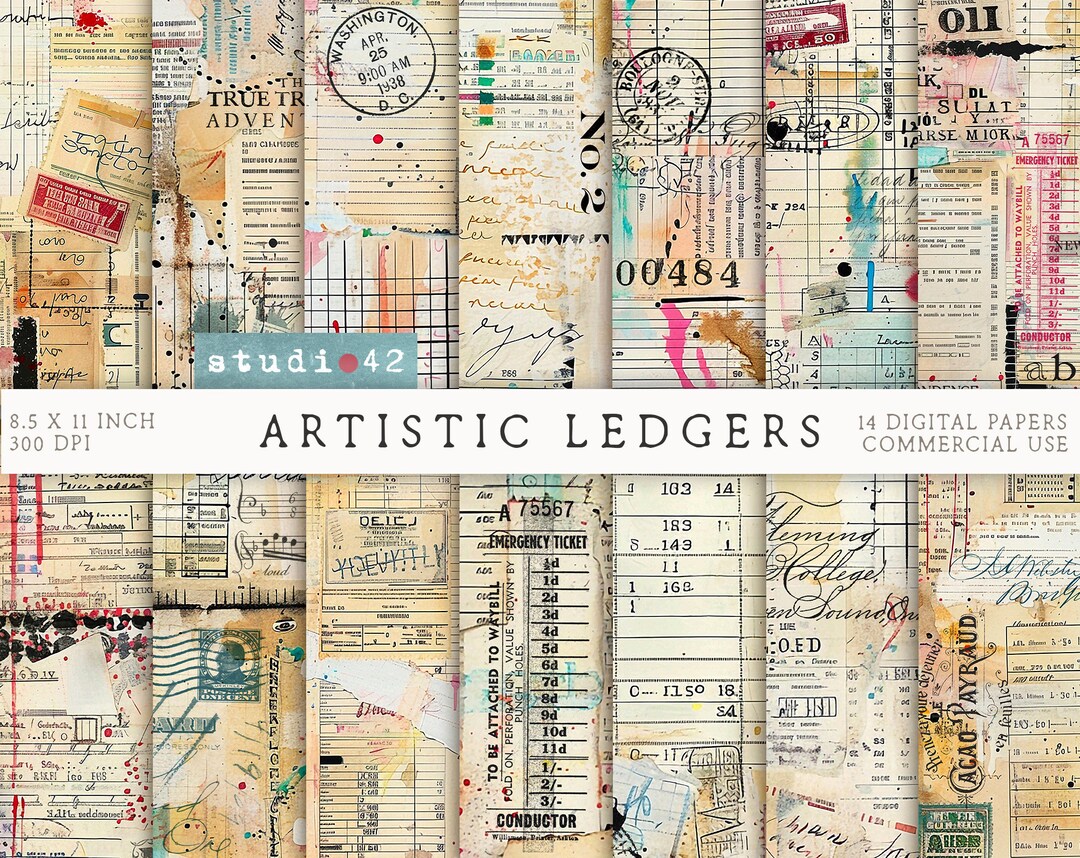 Printable Collage Ledger Paper, Digital Ledger Paper, Digital Scrapbook ...