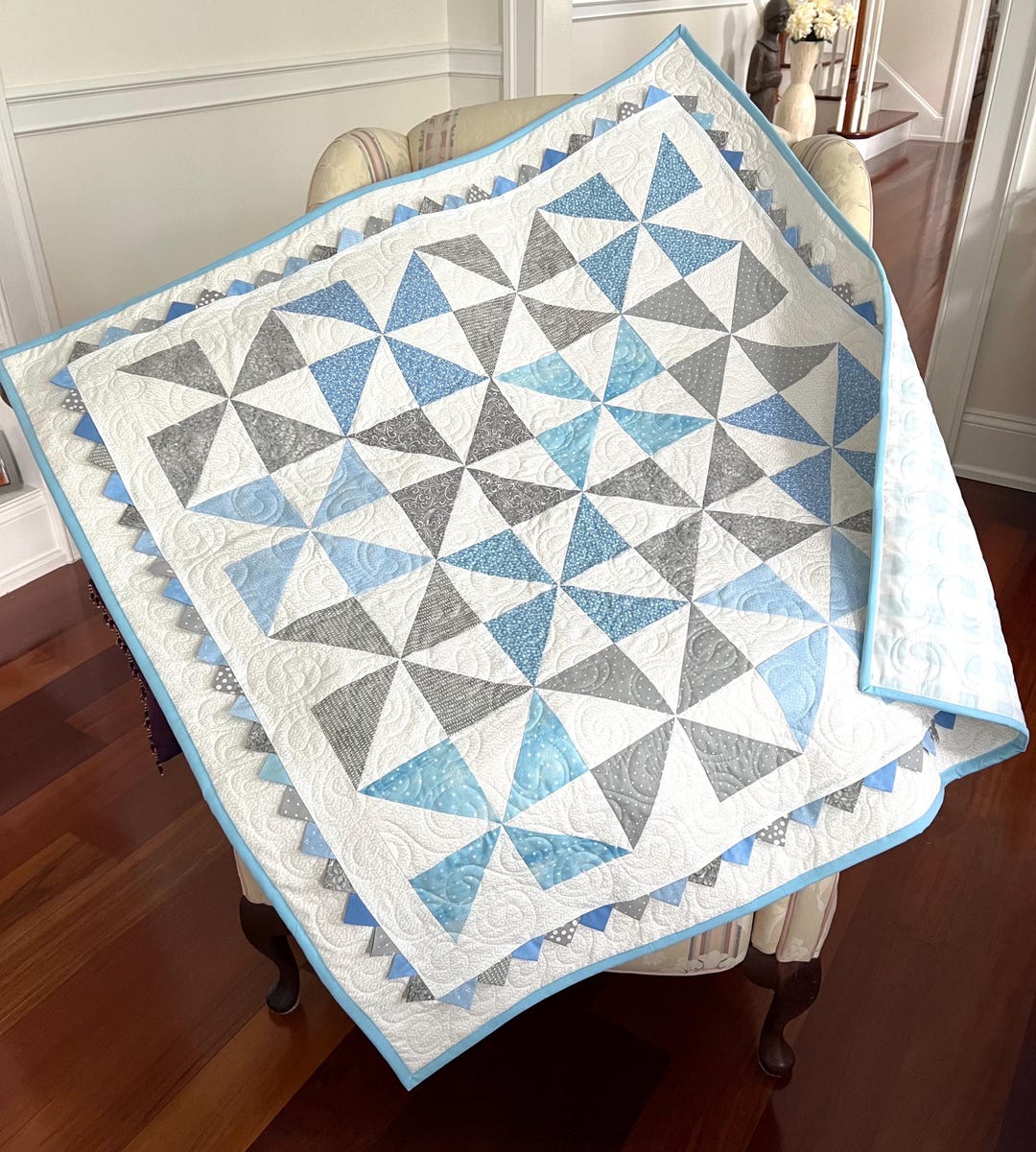 Handmade Baby Boy Pinwheel Quilt: Blue Gingham Backing, Prairie Points ...