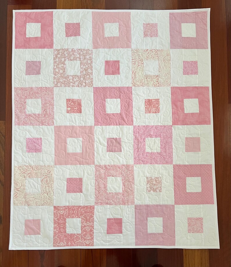 Handmade Baby Quilt, Modern Baby Quilt, Lap Quilt, Pink and White Baby ...