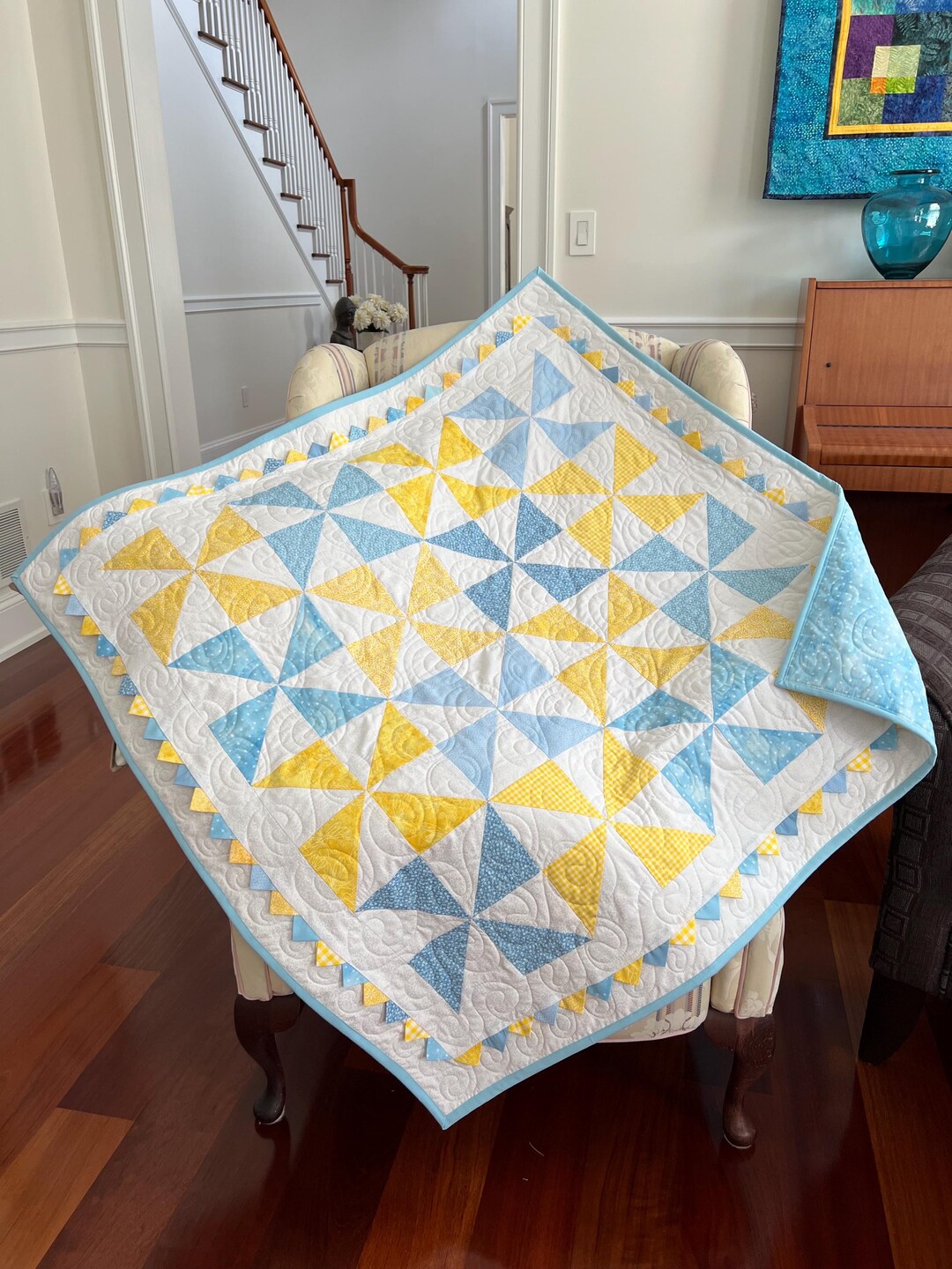 Baby Pinwheel Quilt, Yellow and Blue, With Prairie Points and Blue ...