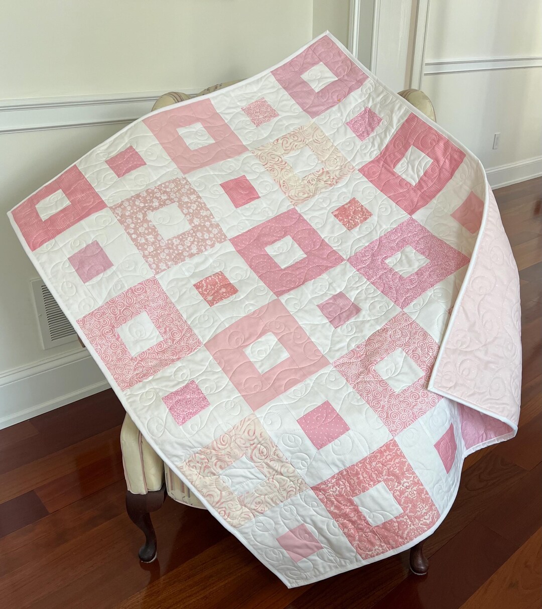 Handmade Baby Quilt, Modern Baby Quilt, Lap Quilt, Pink and White Baby ...
