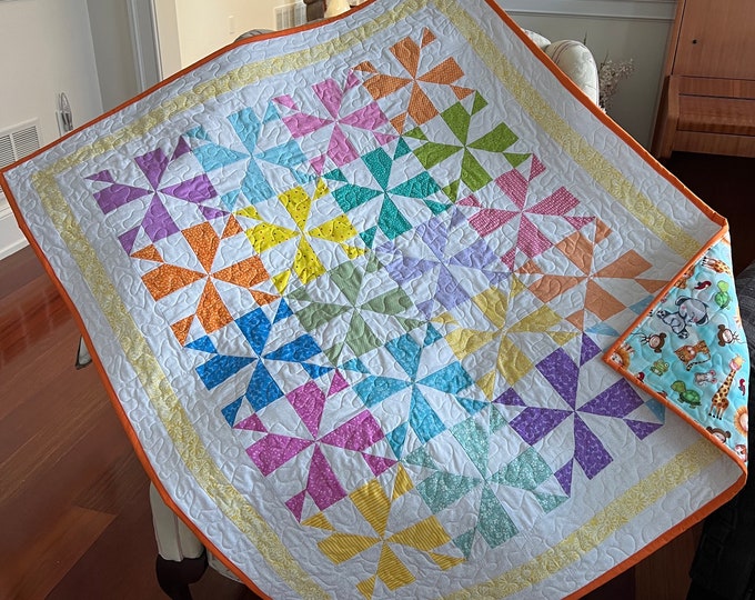 Baby Pinwheel Quilt, Handmade Baby Quilt, Boy or Girl Quilt With Jungle ...
