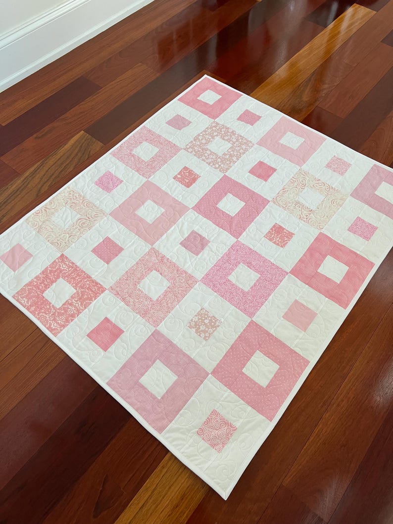 Handmade Baby Quilt, Modern Baby Quilt, Lap Quilt, Pink and White Baby ...