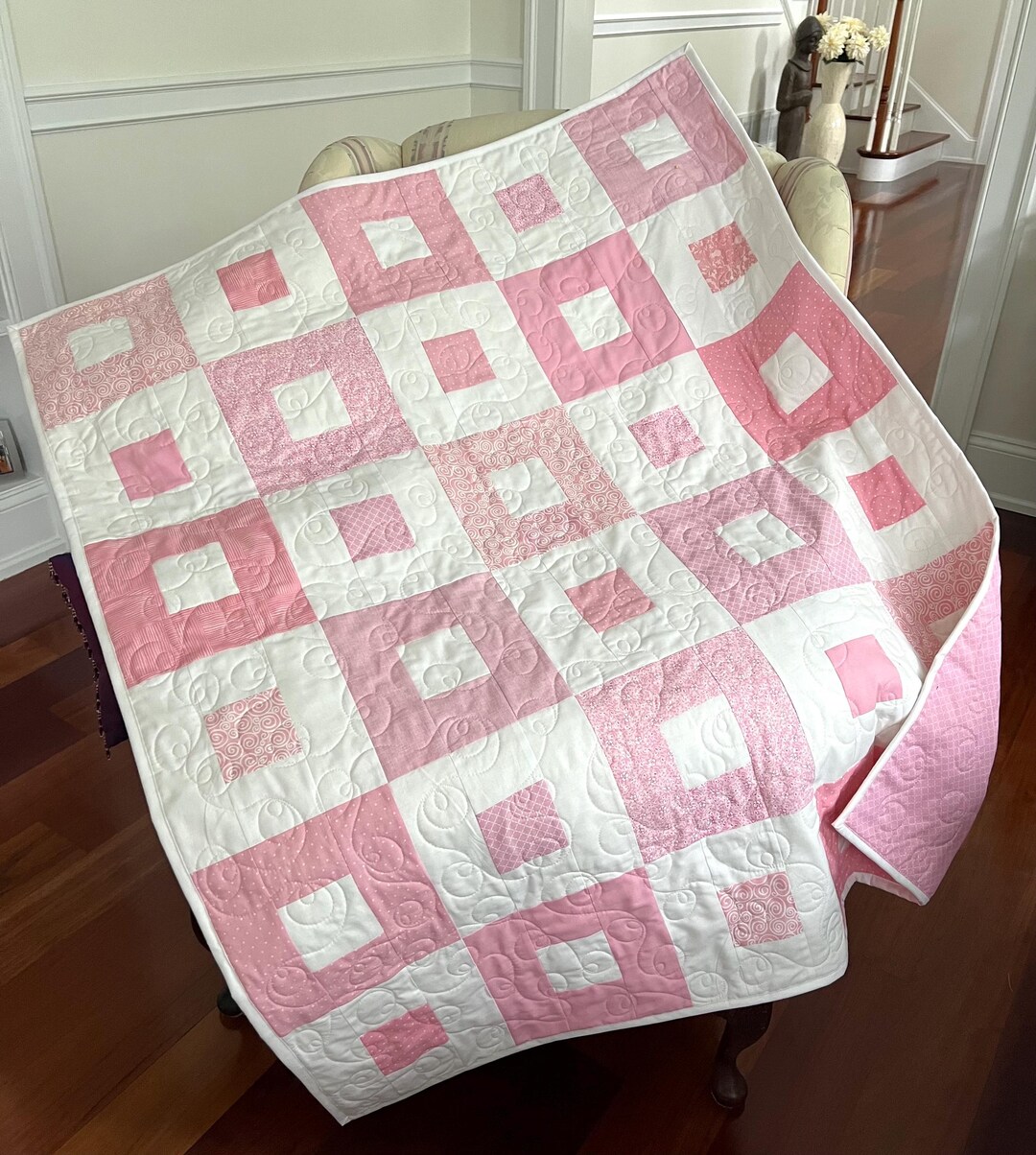 Handmade Baby Quilt, Modern Baby Quilt, Lap Quilt, Pink and White Baby ...