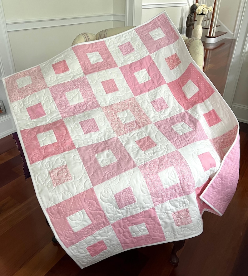 Handmade Baby Quilt, Modern Baby Quilt, Lap Quilt, Pink and White Baby ...