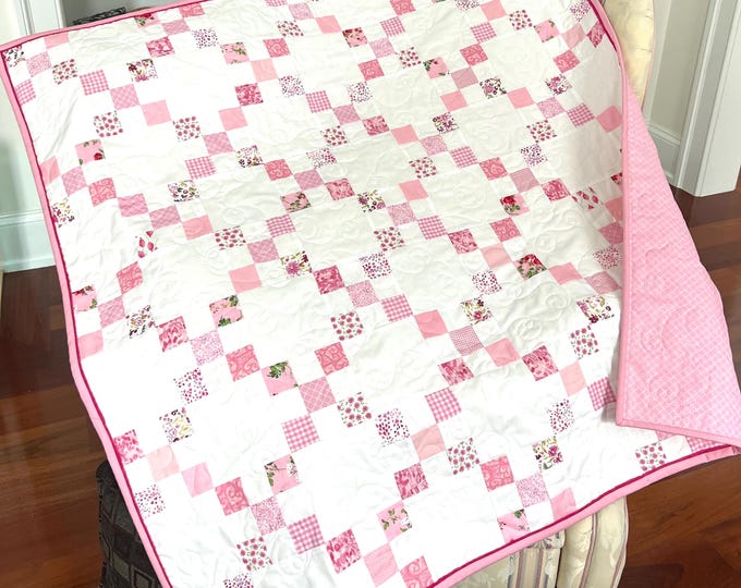 Handmade Pink Irish Chain Baby Quilt: Floral Cotton Play Mat (41 X 41in ...
