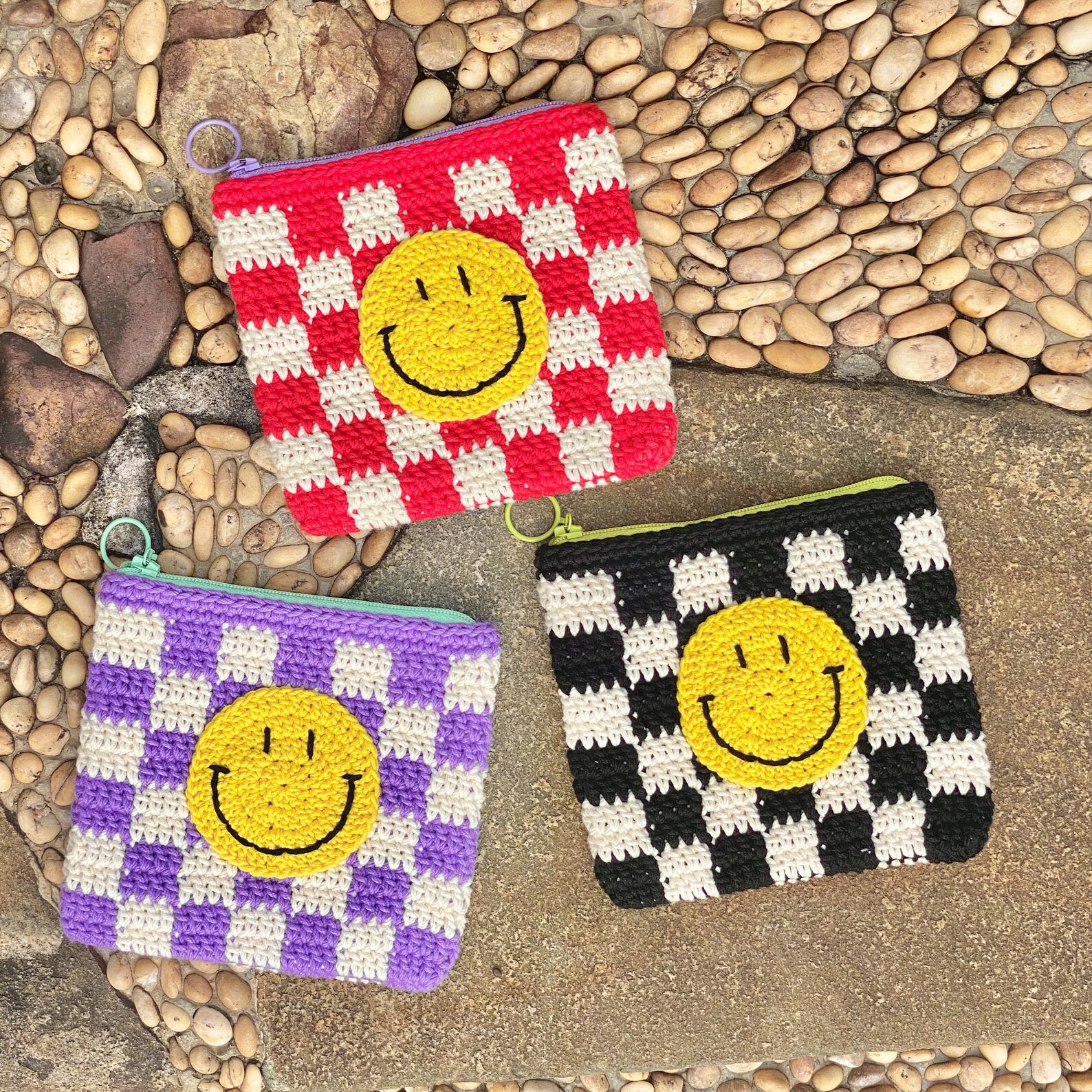 Smiley Checkerboard Crochet Pouch | Checkered Crochet Pouch | Crochet ...