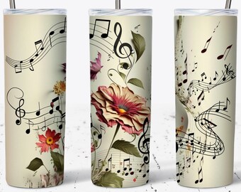Music Note Tumbler Wrap, Music Wrap for Tumbler, Black Flowers PNG ...