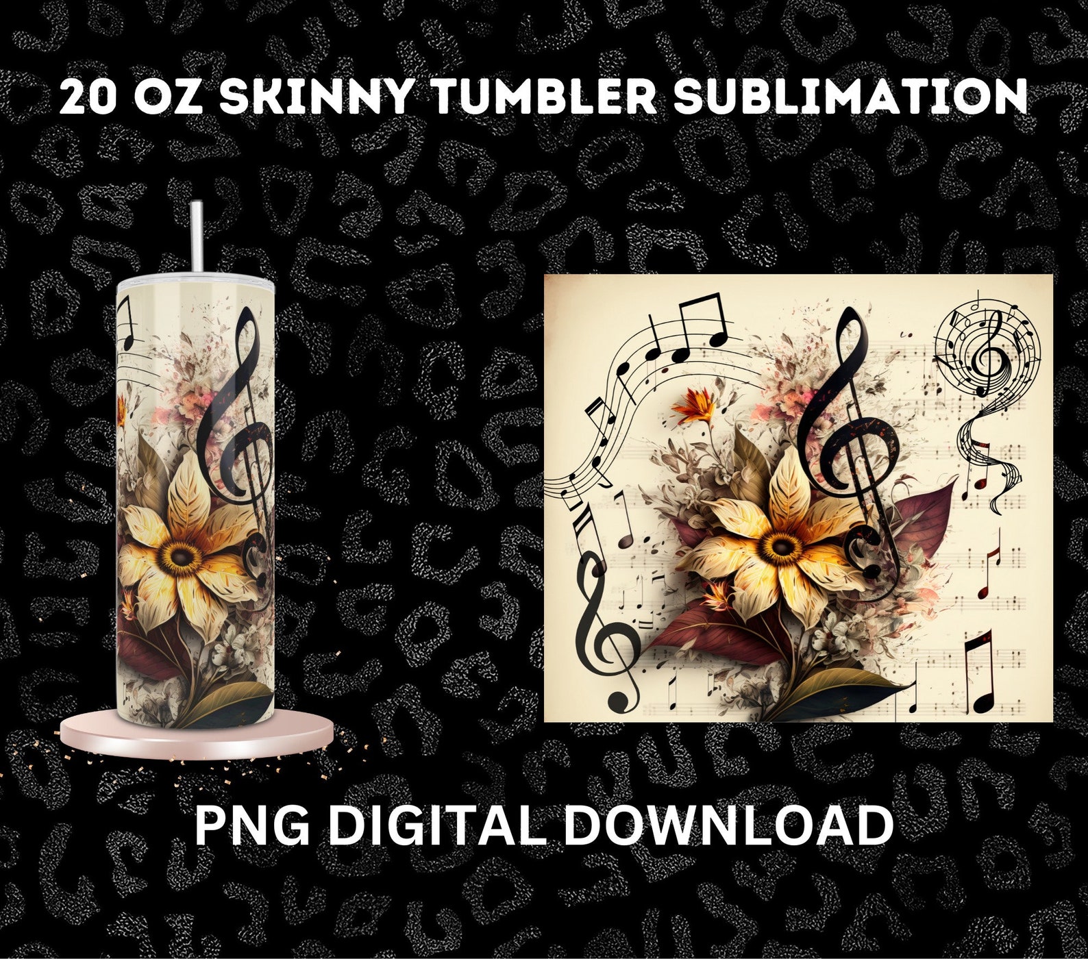 Music Note Tumbler Wrap, Music Wrap for Tumbler, Vintage Flowers PNG ...
