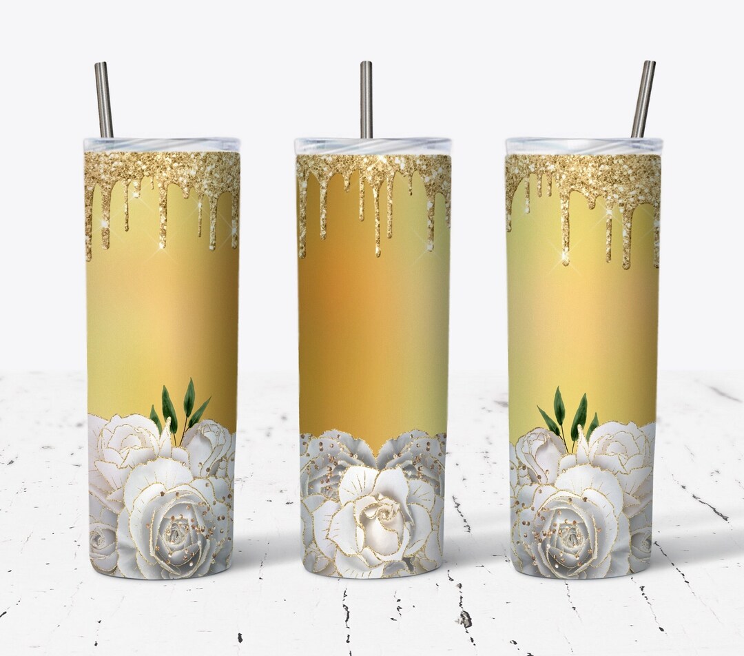 Golden Dripping Glitter, White Roses 20 OZ Skinny Tumbler Design ...