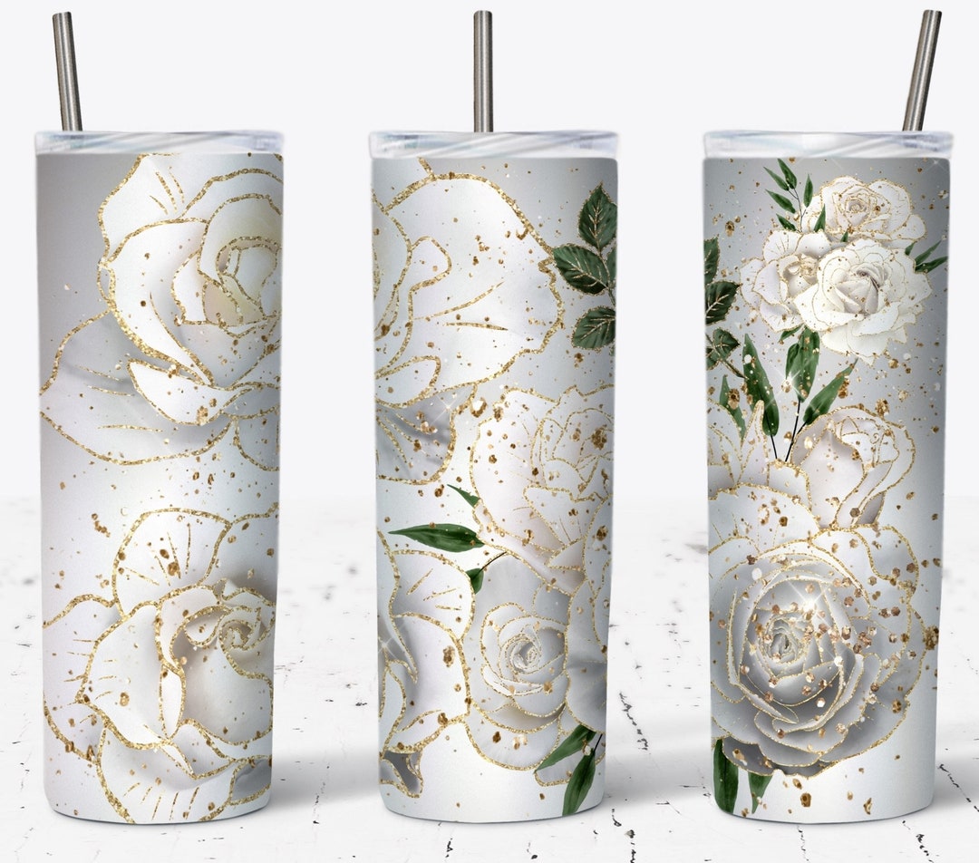 White and Gold Roses Pattern 20 OZ Skinny Tumbler Design - Straight ...