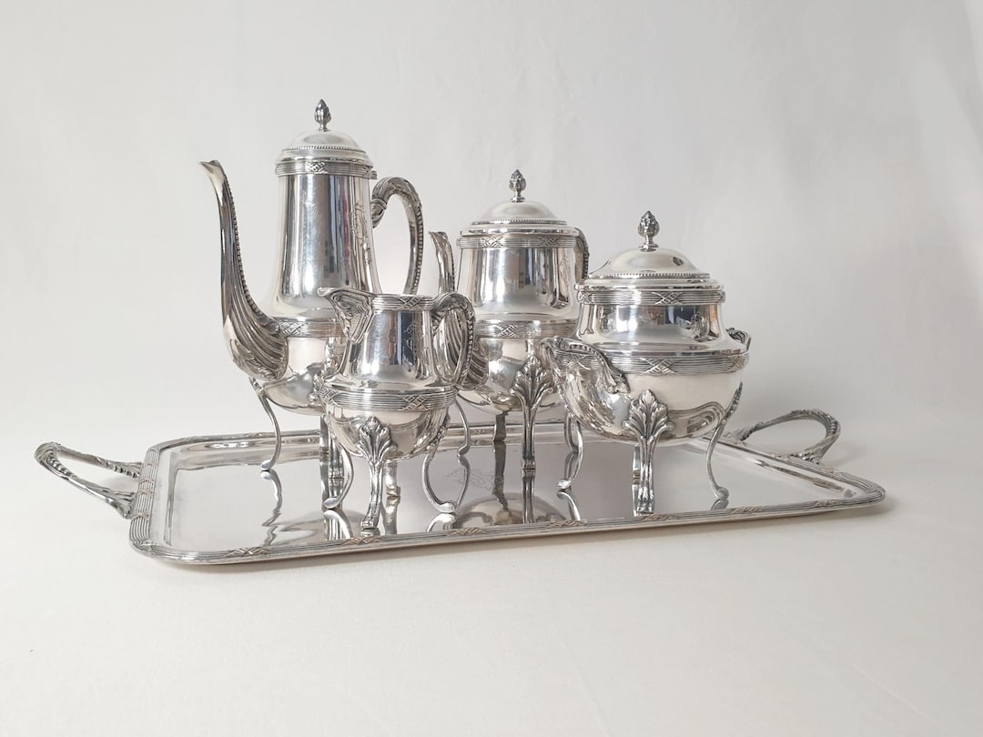 French Antique Silver Plated Tea and Coffee Service Set in Louis XVI Style With Crossed Ribbons ...