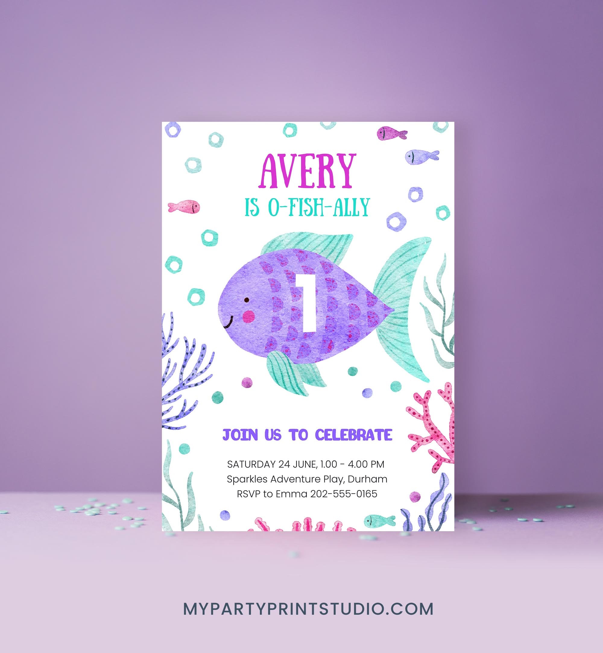 Editable Fish Birthday Invitation O-fish-ally One 1st Purple Pink Ocean ...