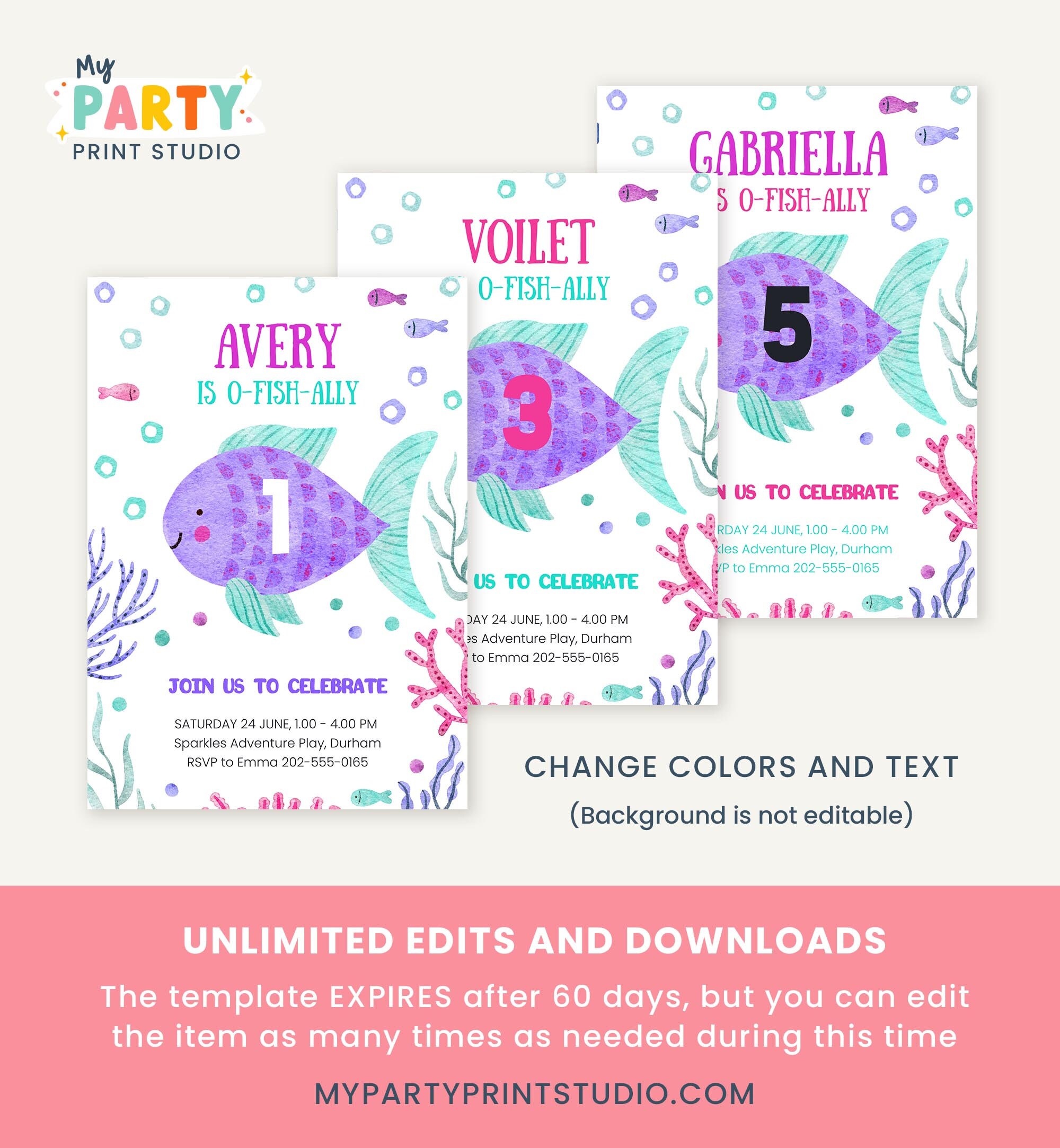 Editable Fish Birthday Invitation O-fish-ally One 1st Purple Pink Ocean ...
