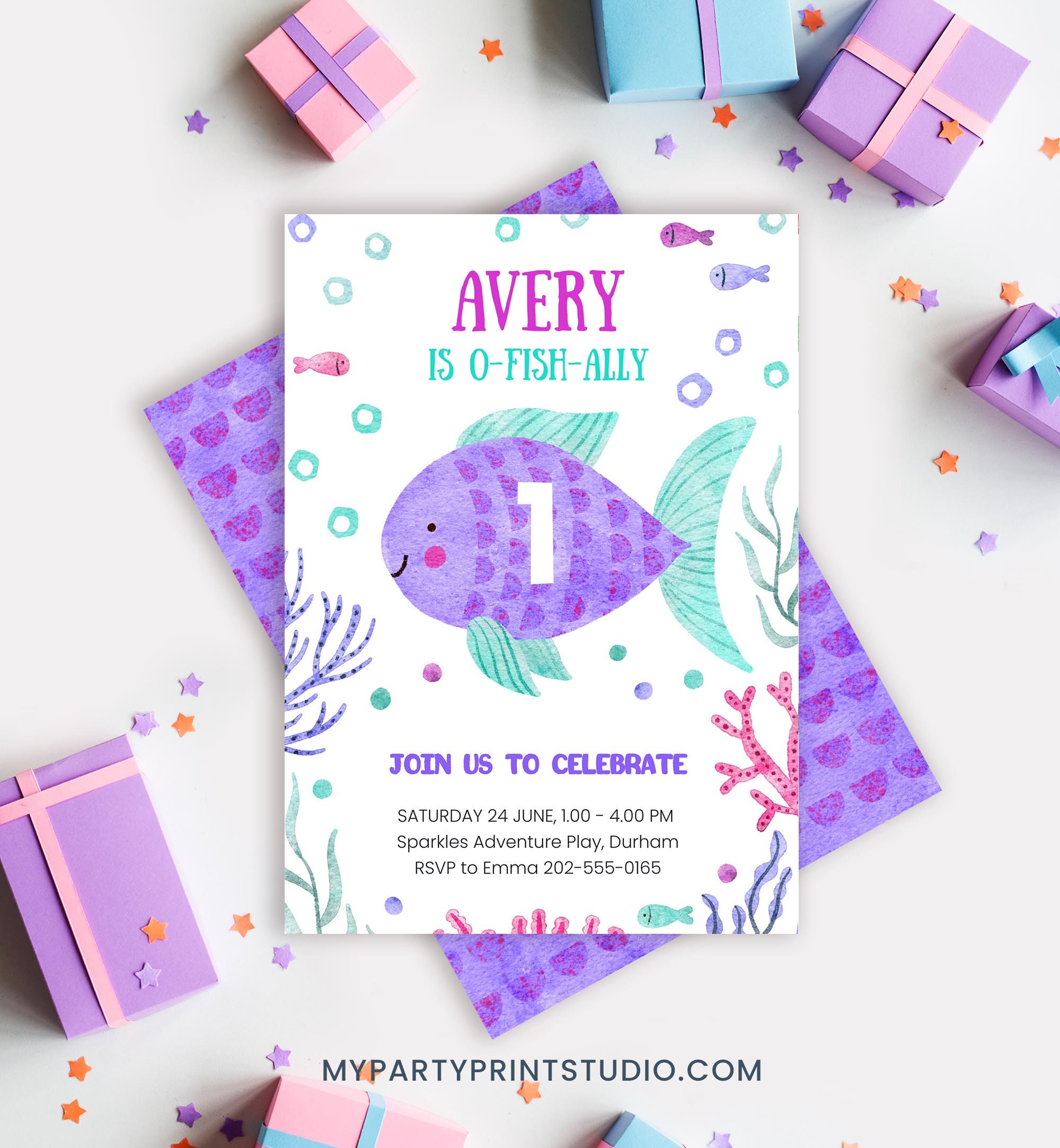 Editable Fish Birthday Invitation O-fish-ally One 1st Purple Pink Ocean ...