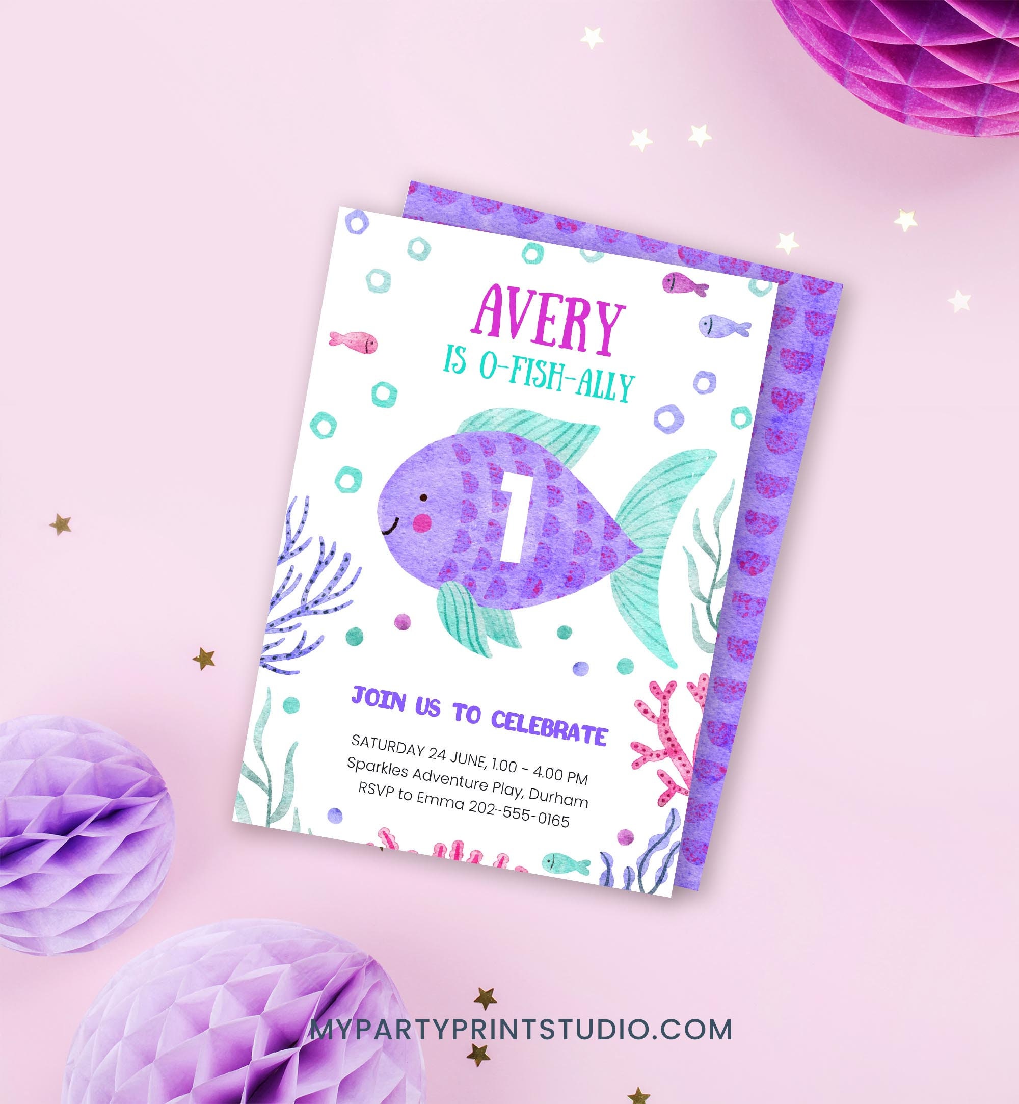 Editable Fish Birthday Invitation O-fish-ally One 1st Purple Pink Ocean ...