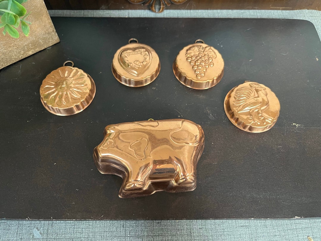 Set of 5 Vintage Copper Molds, Sun, Rooster, Heart, Grapes, Pig. Great ...