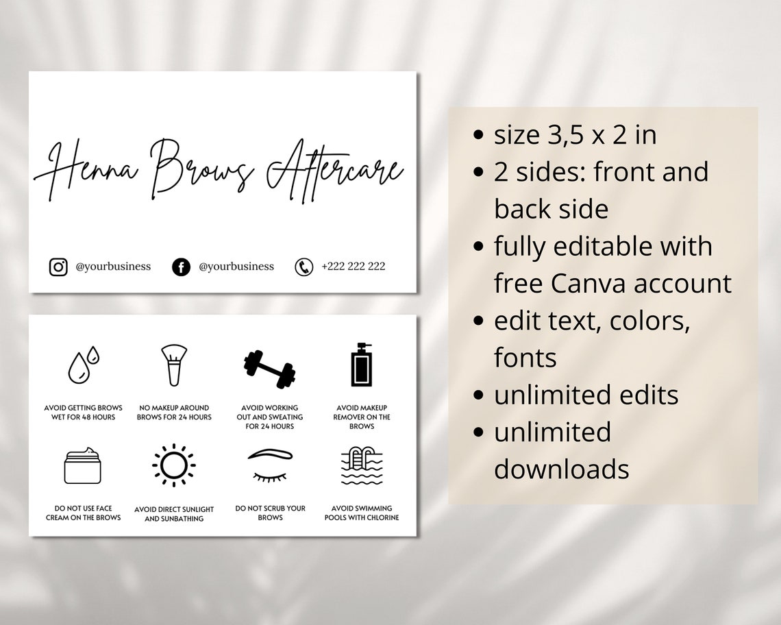 Henna Brows Aftercare Card Template, Editable Henna Brow After Care ...
