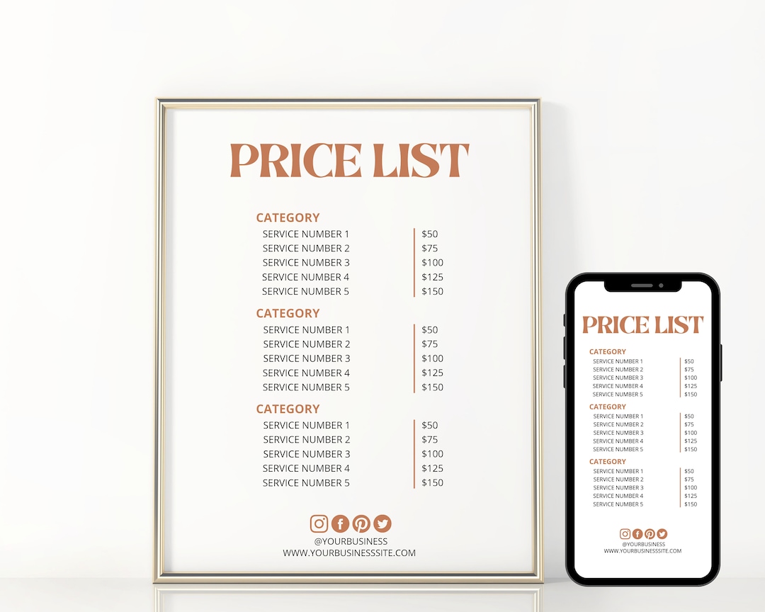 Printable & Electronic Price List Template, Salon Price List, Price ...