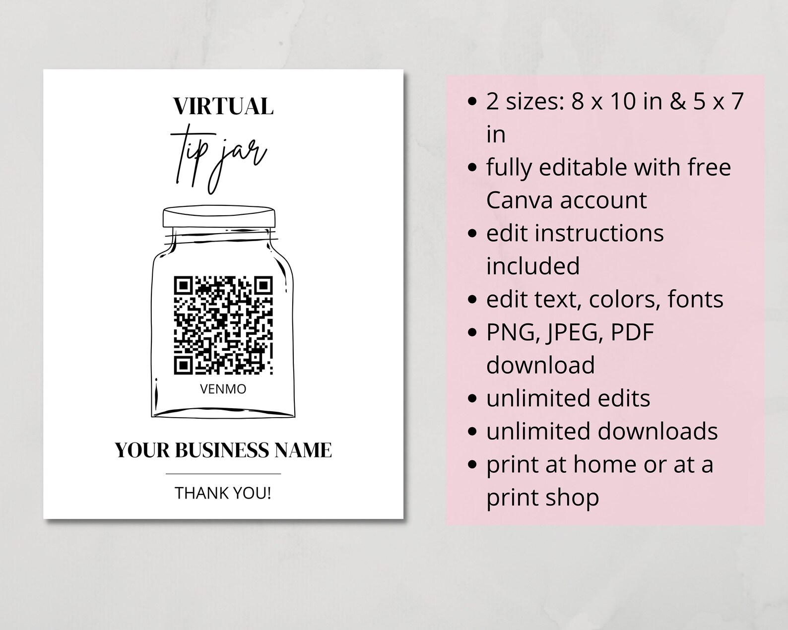 Virtual Tip Jar Sign Template QR Code Sign Template Venmo - Etsy