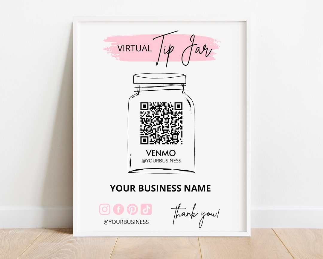 Virtual Tip Jar Sign Template, QR Code Sign Template, Venmo Payment ...