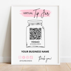 Virtual Tip Jar Sign Template, QR Code Sign Template, Venmo Payment ...
