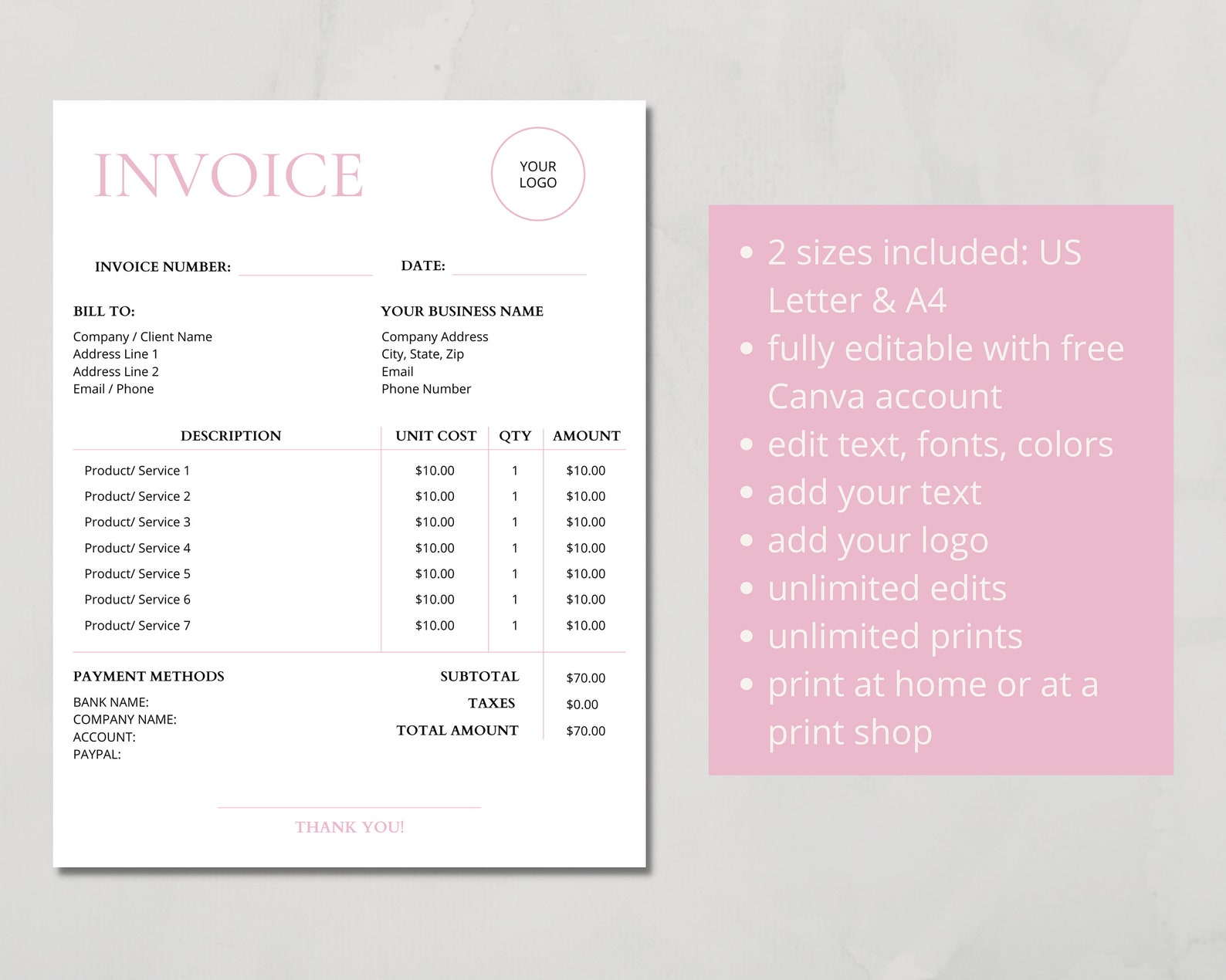 Editable Invoice Template Printable Invoice Form Small - Etsy
