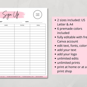 Editable Sign up Sheet Template Printable Sign up Template - Etsy