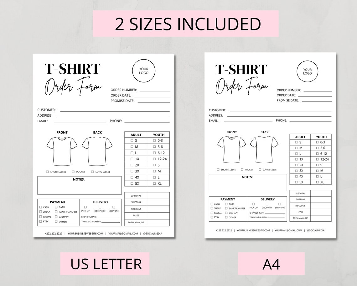 Editable T-shirt Order Form Template Printable Small Business - Etsy