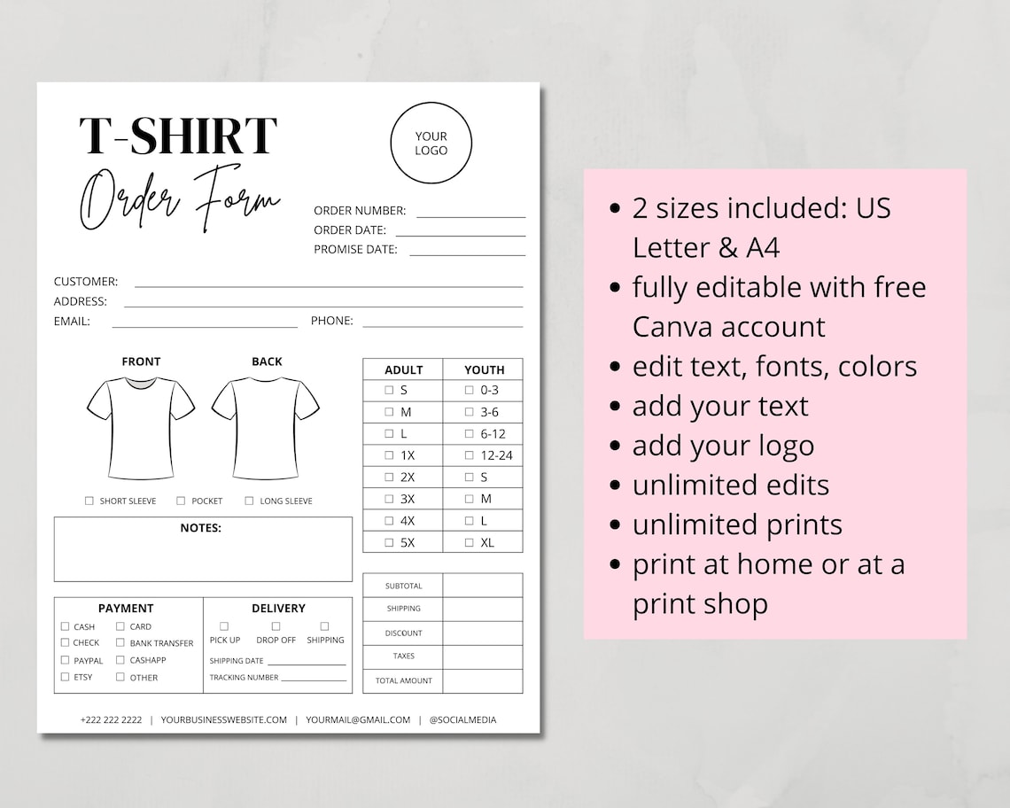 Editable T-shirt Order Form Template Printable Small Business - Etsy
