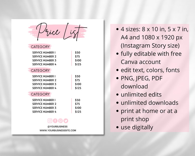Printable & Electronic Price List Template Salon Price List - Etsy
