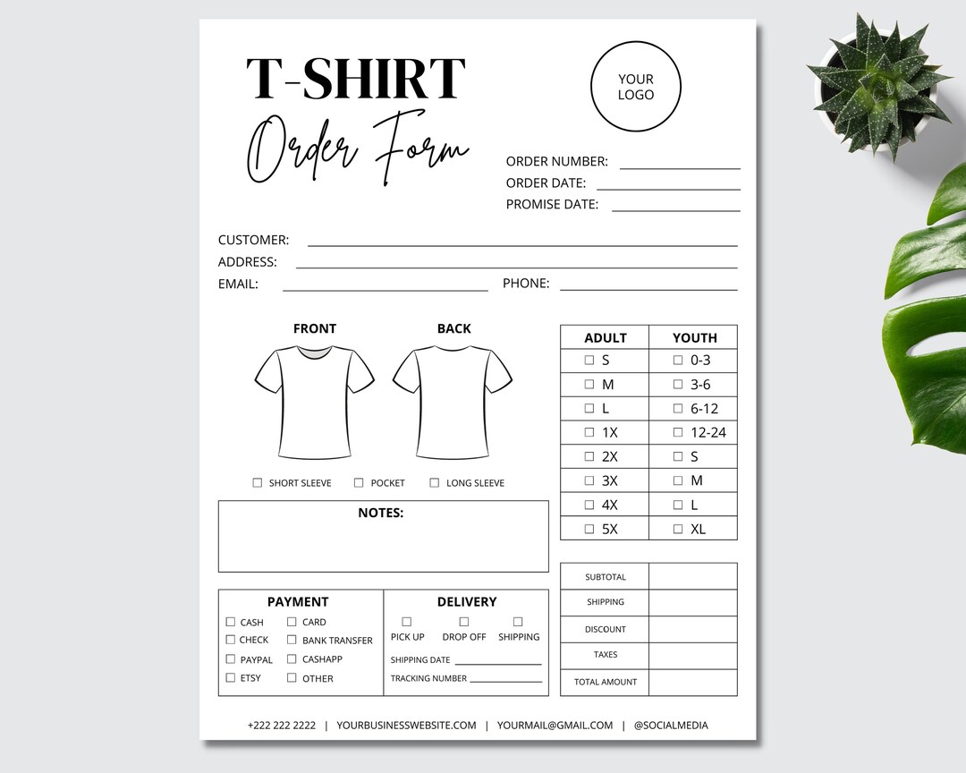 Editable T-shirt Order Form Template, Printable Small Business Order ...