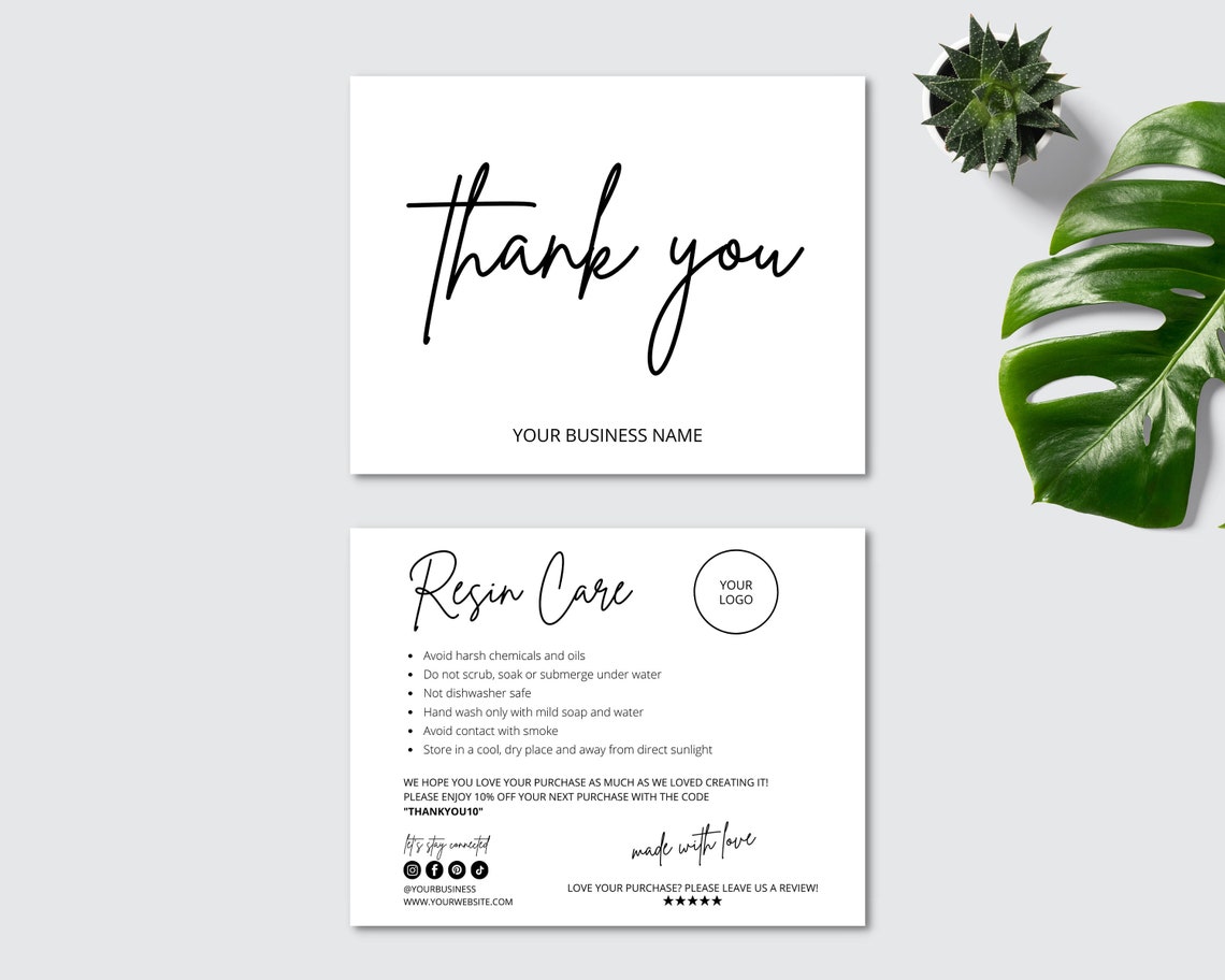 Resin Care Card Template, Thank You Card Template, Resin Product Care ...