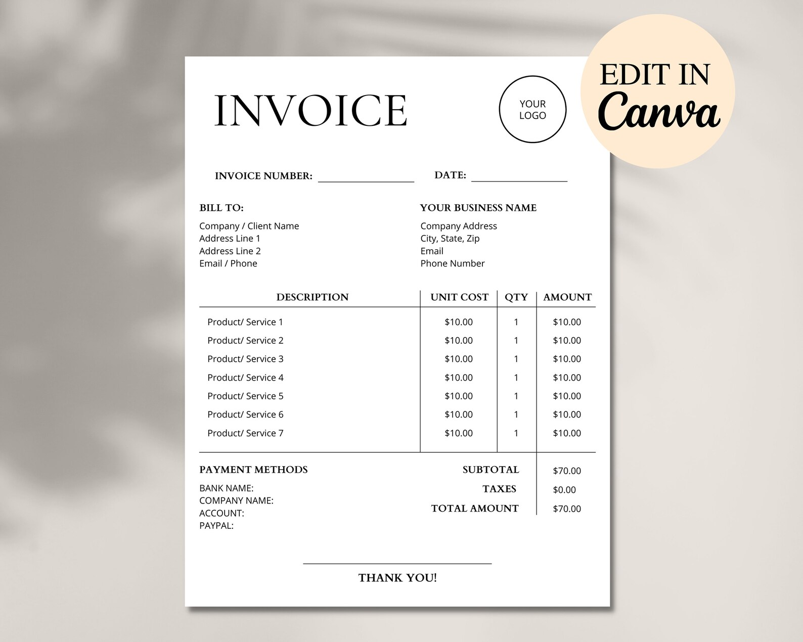 Editable Invoice Template, Printable Invoice Form, Small Business ...