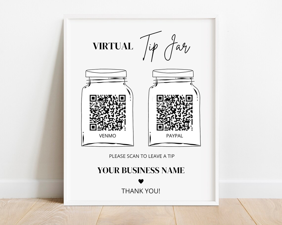 Virtual Tip Jar Sign Template, QR Code Sign Template, Venmo Payment ...