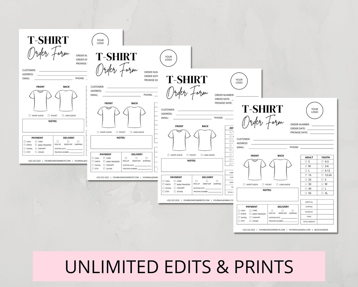 Editable T-shirt Order Form Template Printable Small Business - Etsy