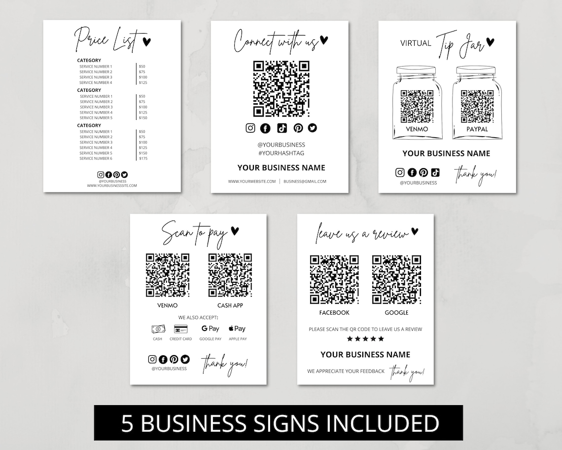 Small Business Signs Bundle QR Code Sign Template Printable - Etsy
