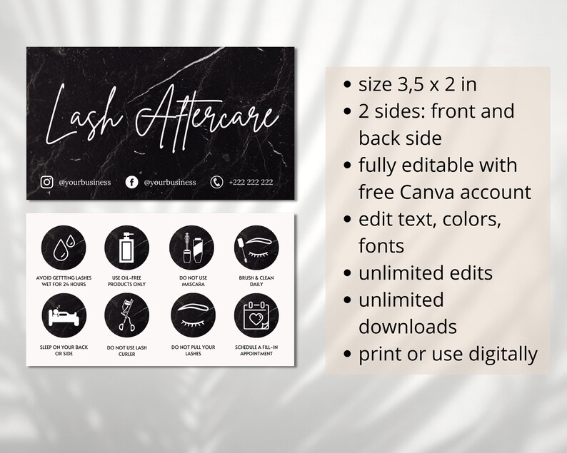 Marble Lash Aftercare Card Template, Printable Eyelash Care Cards, Lash ...