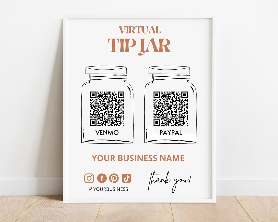 Virtual Tip Jar Sign Template, QR Code Sign Template, Venmo Payment ...