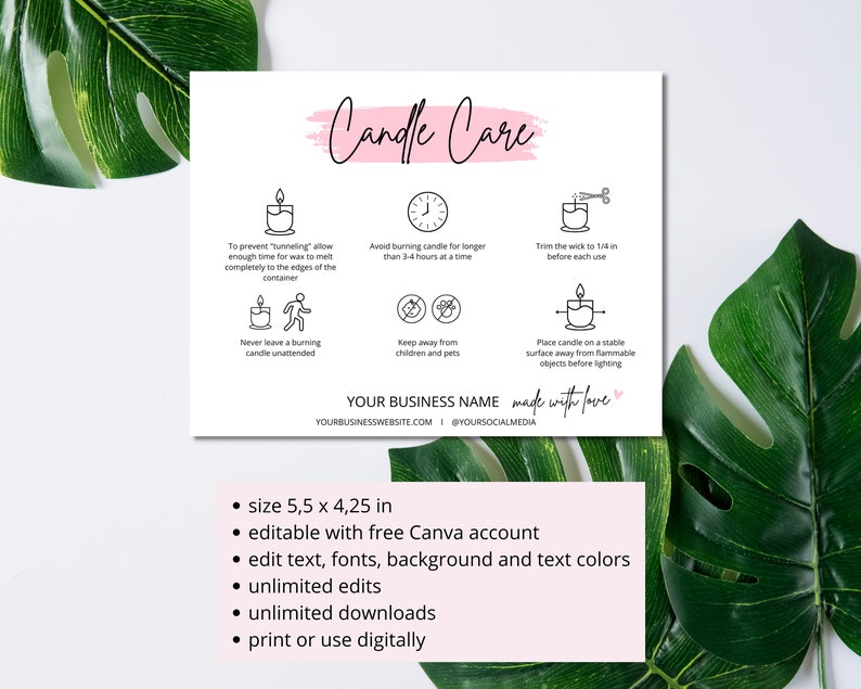 Candle Care Card Template DIY Candle Care Instructions - Etsy