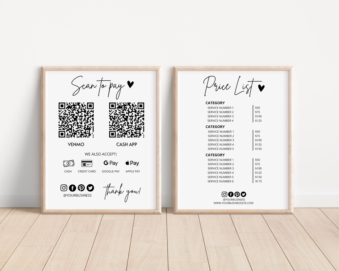 Payment Sign & Price List Template Bundle, QR Code Sign Template ...